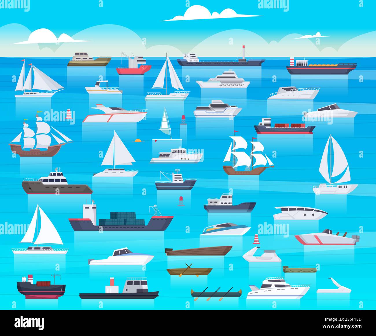 Ship in sea. Sailing boats and passenger cruise ship travel in ocean ...