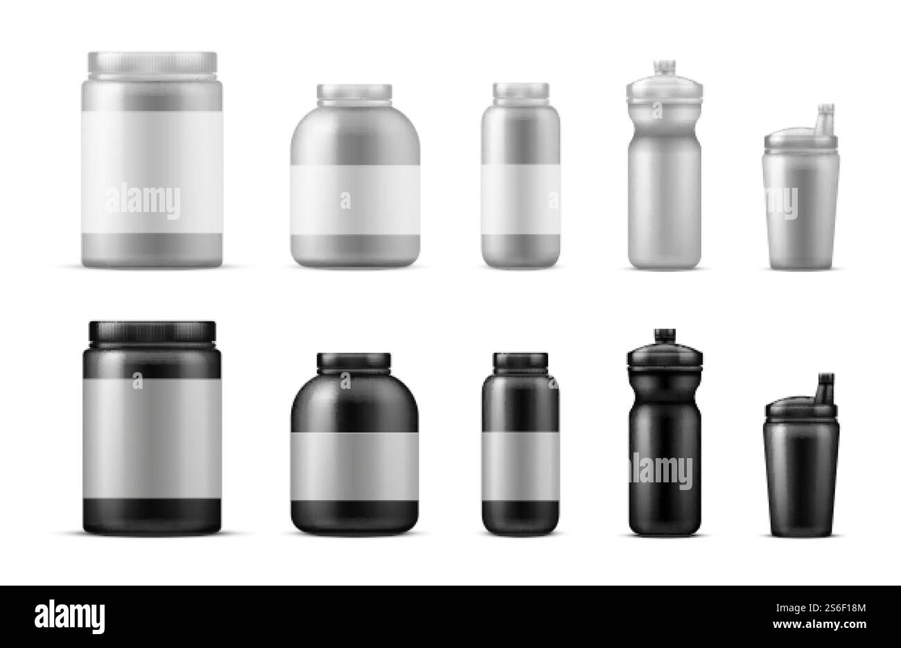 Sport food containers. Realistic drink bottles. Vector protein powder ...