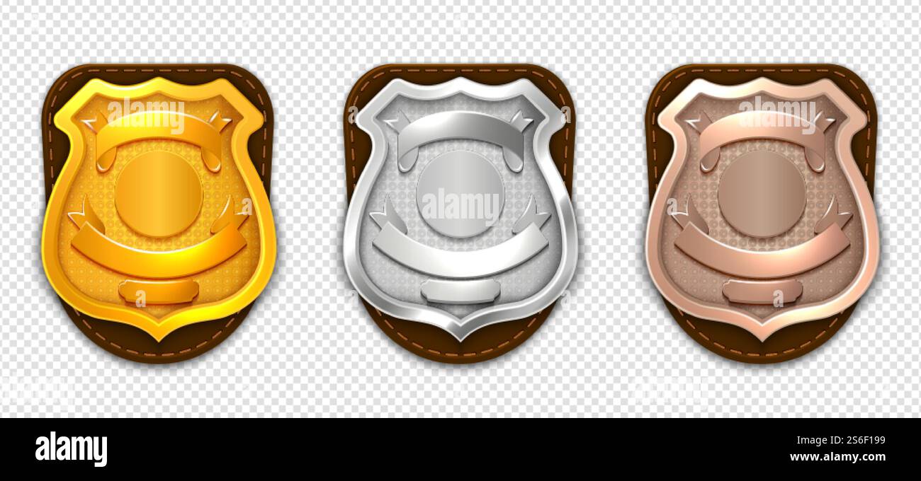 Realistic police badges. Security silver gold bronze badges vector ...
