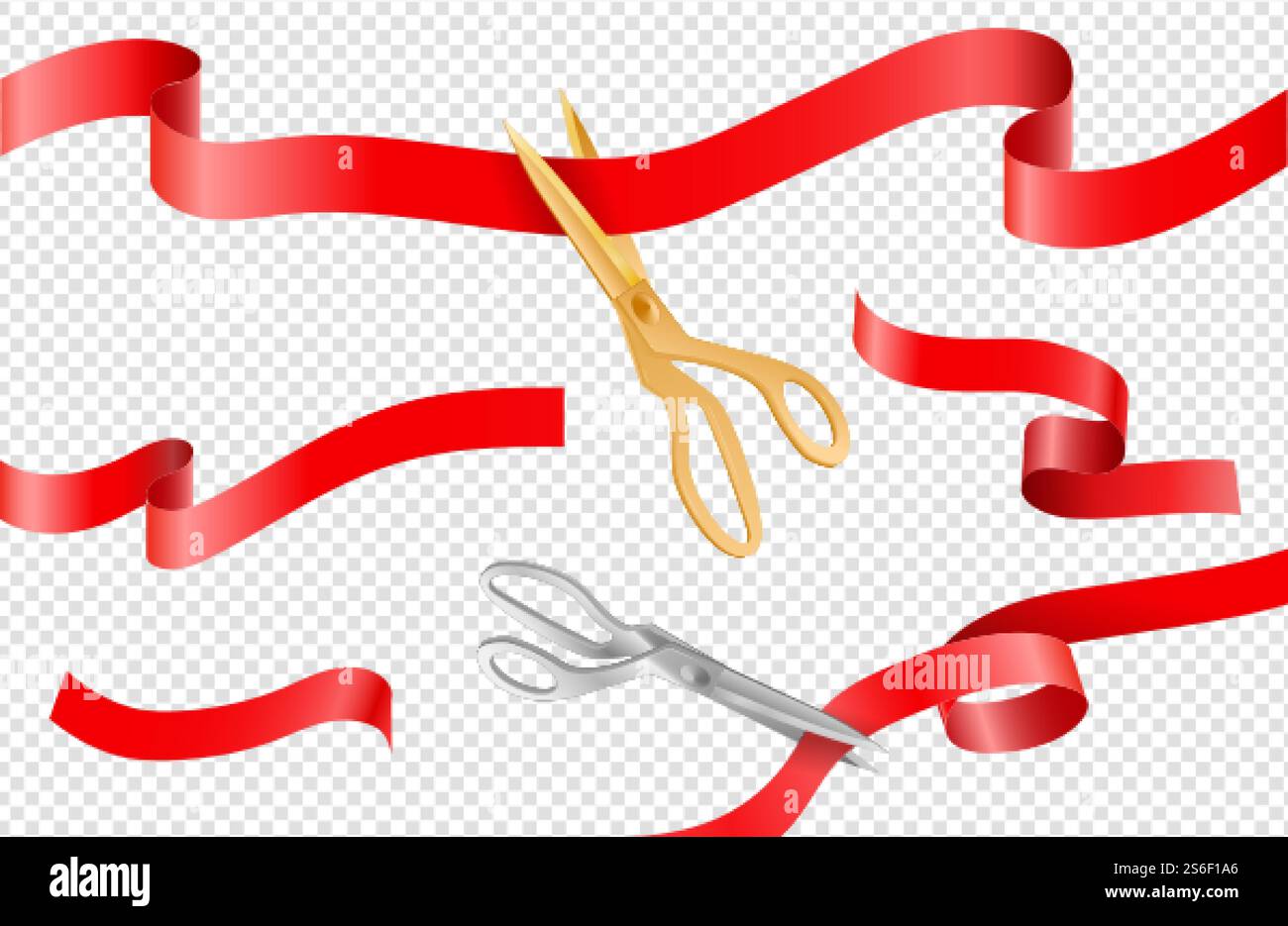 Ceremony ribbons. 3D scissors, grand opening ribbons on transparent background. Vector golden ...