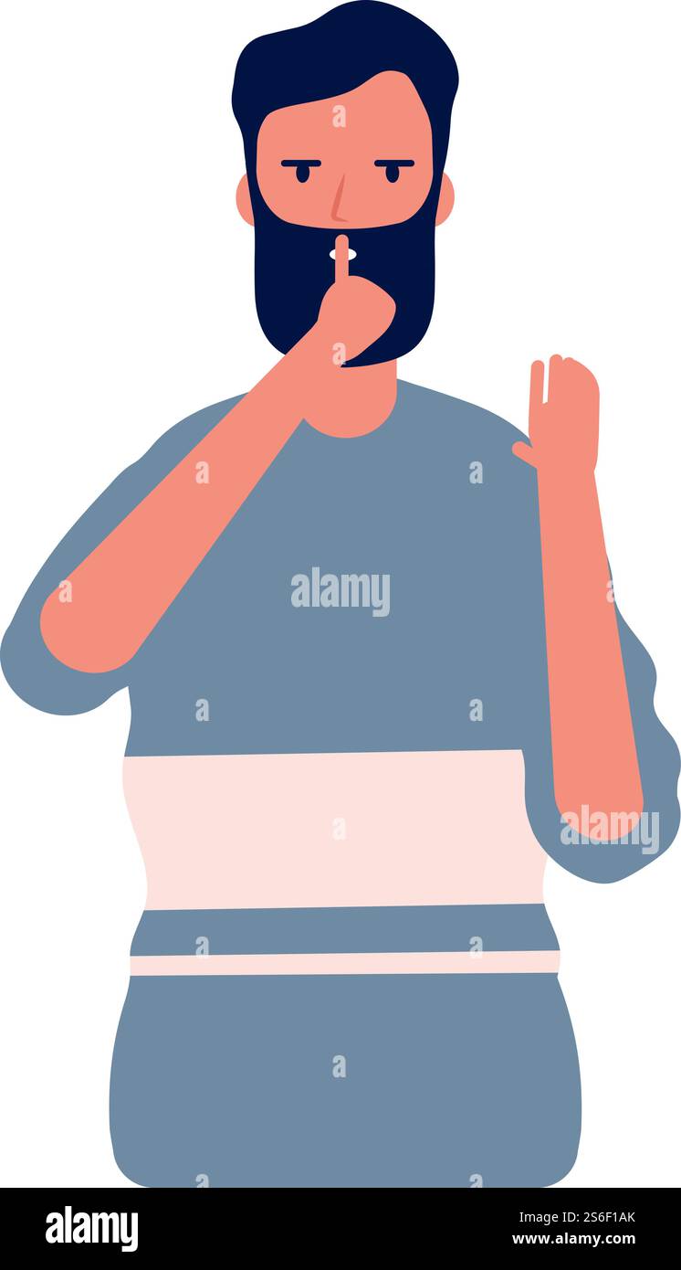 Shh male. Man with hand gesture near mouth symbol keep quiet vector ...