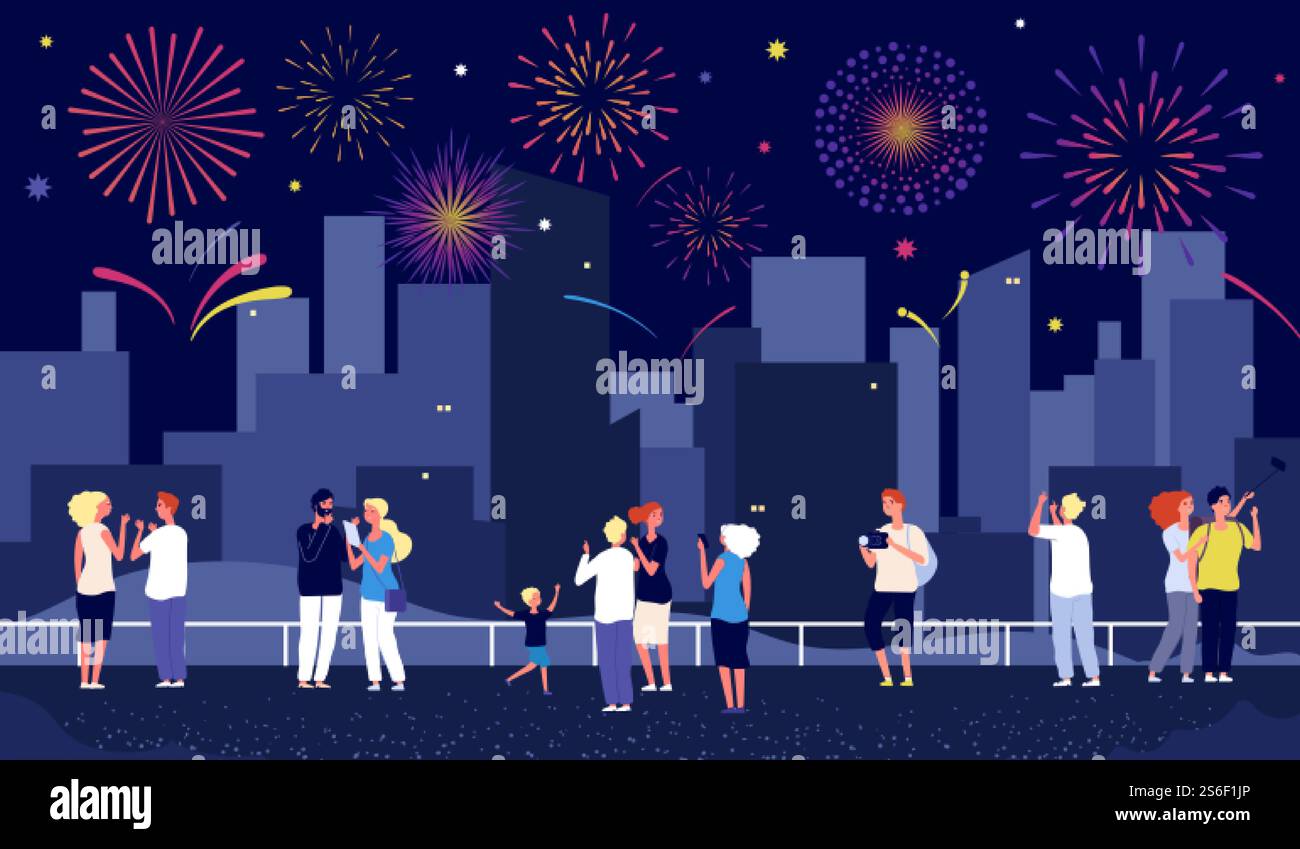 City fireworks. People celebrate on street and watching fireworks ...