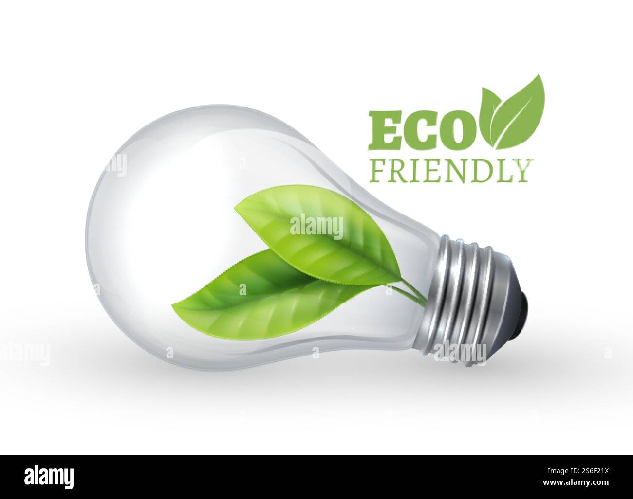 Eco light bulb. Eco friendly glass bulb with green leaf inside. Vector lamp isolated on white ...