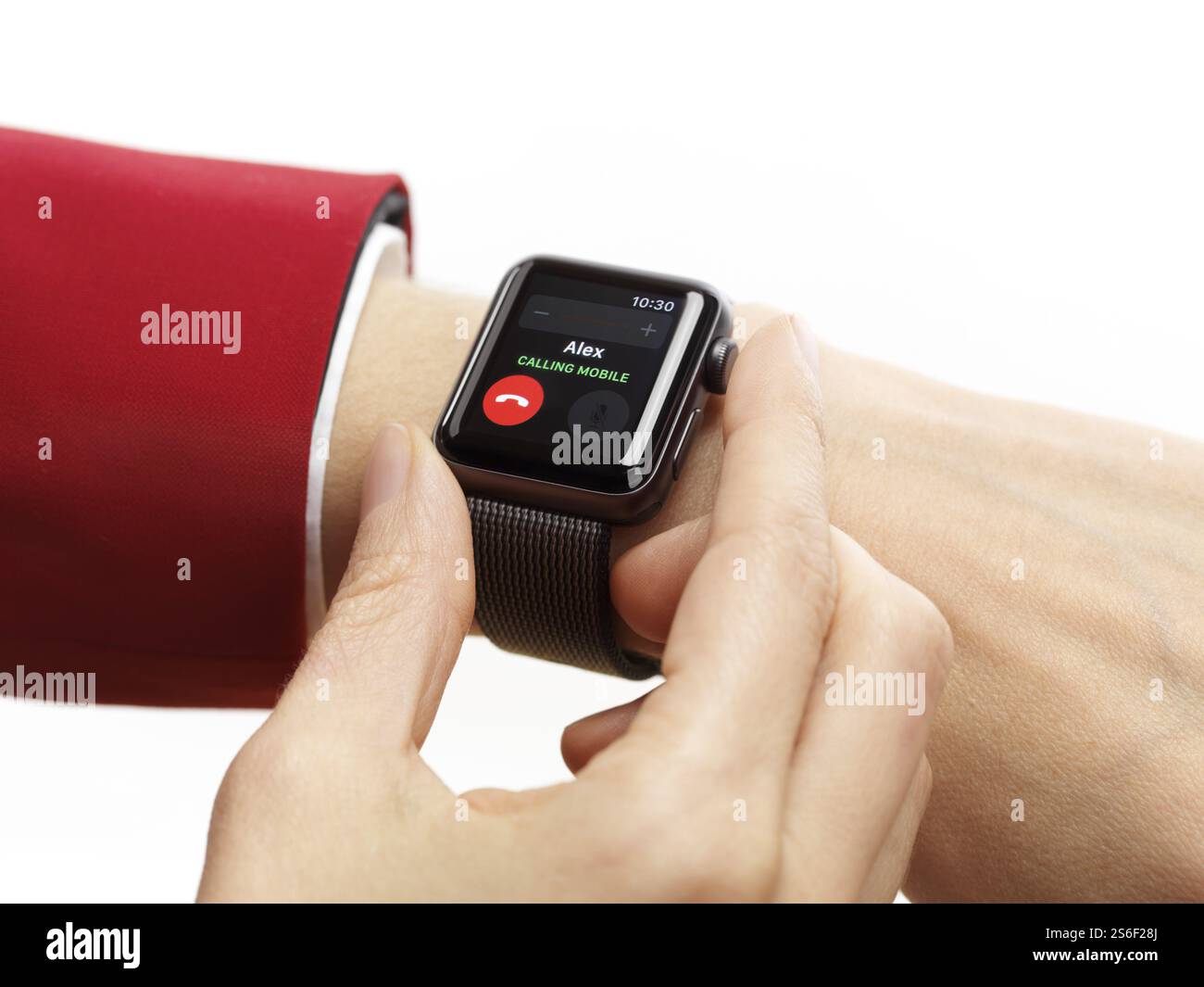 Woman hand with Apple Watch smartwatch on her wrist displaying incoming ...
