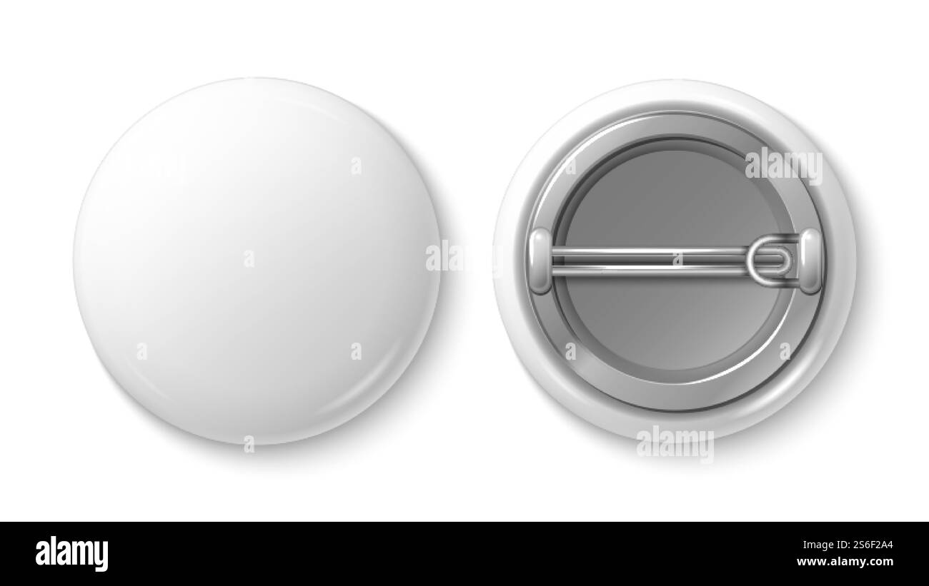 Button pin badge. White blank badge mockup. Realistic vector 3d pin ...