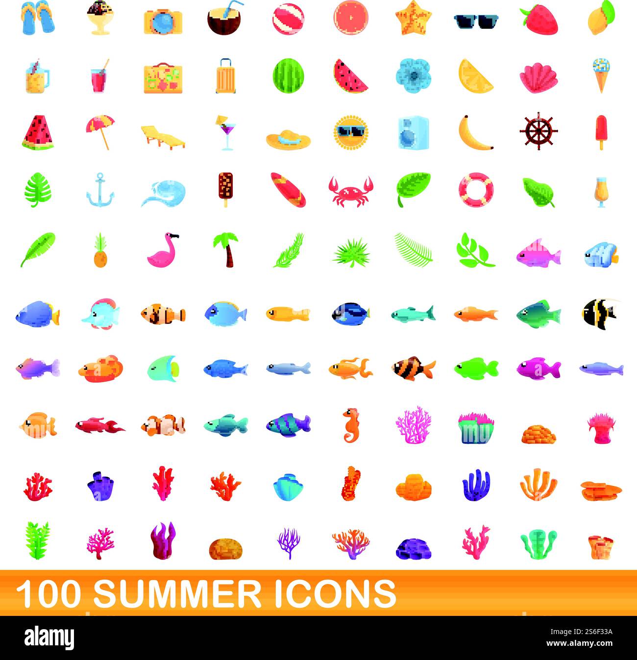 100 summer icons set. Cartoon illustration of 100 summer icons vector ...