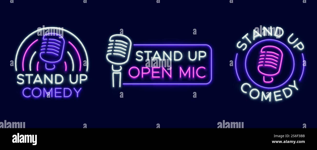 Standup show signs. Neon comedy club and open microphone icons ...