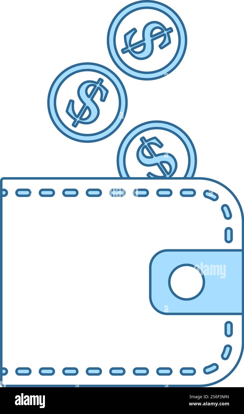 Golden Coins Fall In Purse Icon. Thin Line With Blue Fill Design ...