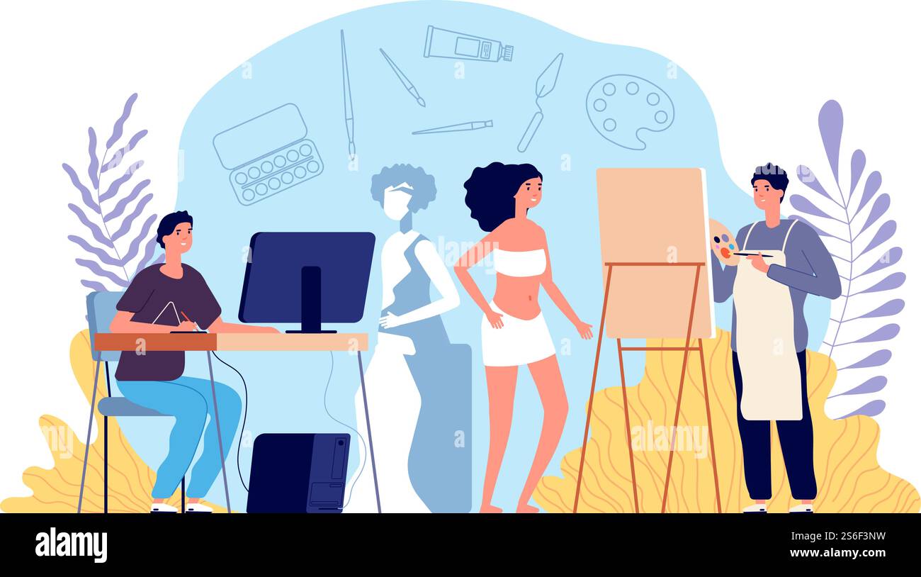 Art workshop. Creative men artist, adult painting studio. Female model ...