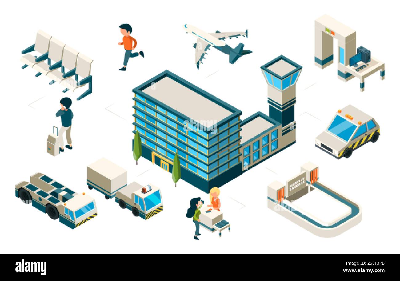 Airport concept. Isometric plane airport building passengers venicles ...