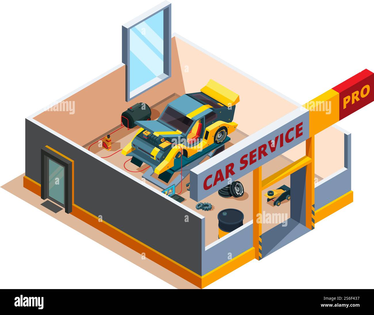 Auto service isometric. Car garage repair details cross section room ...