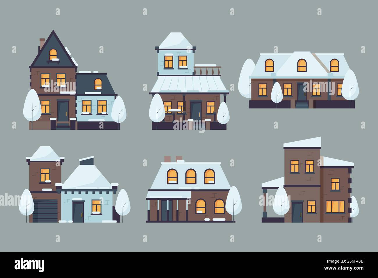 Winter houses. Cute buildings with season snow caps frozen urban ...