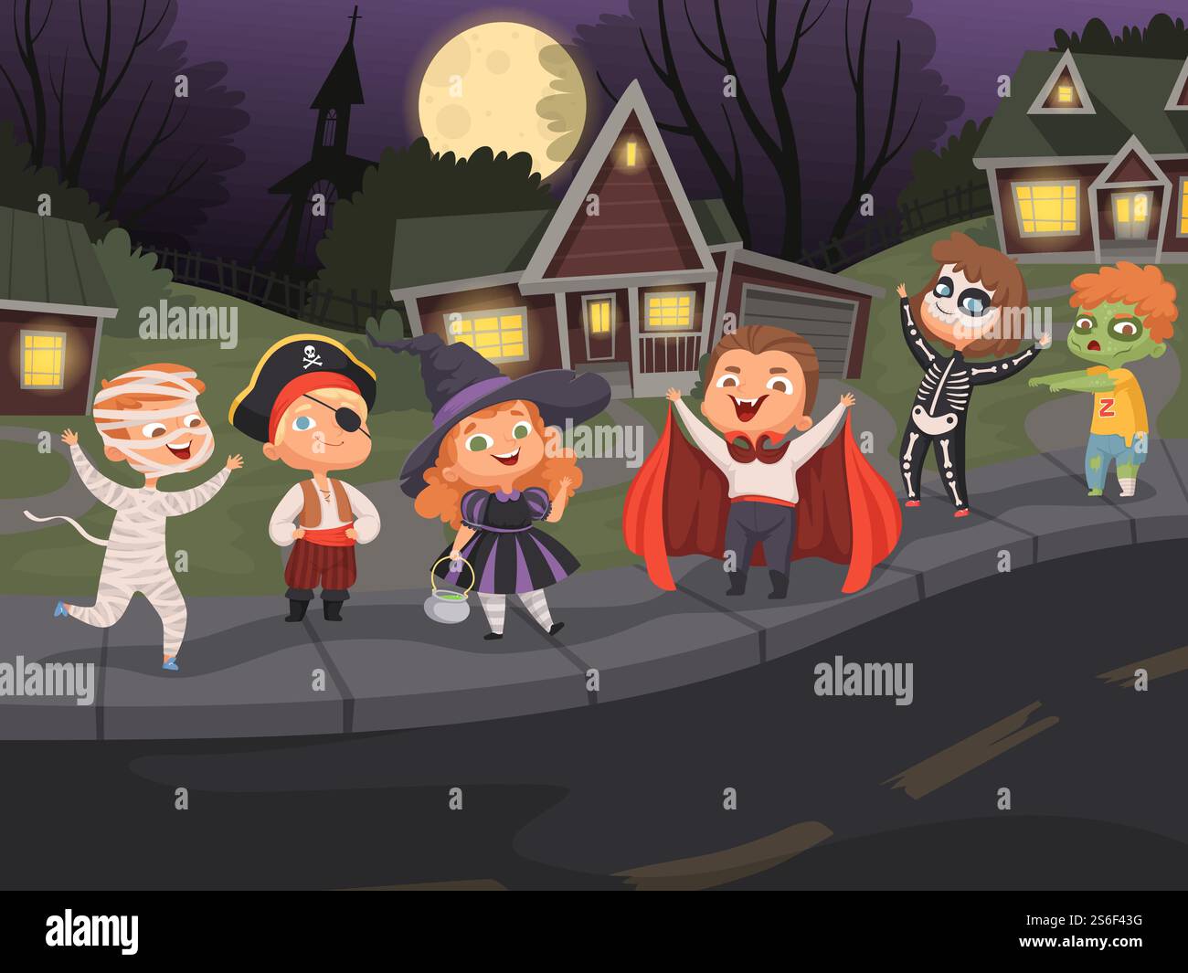 Halloween city. Kids costumes night horror scary halloween party urban ...
