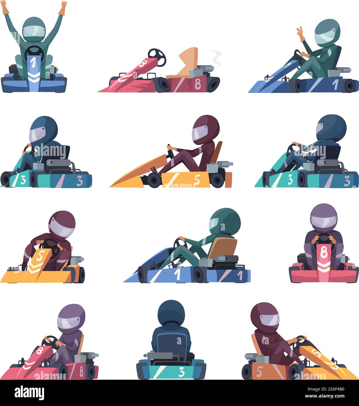 Karting cars. Fast racers speed karting machines on road vector cartoon ...