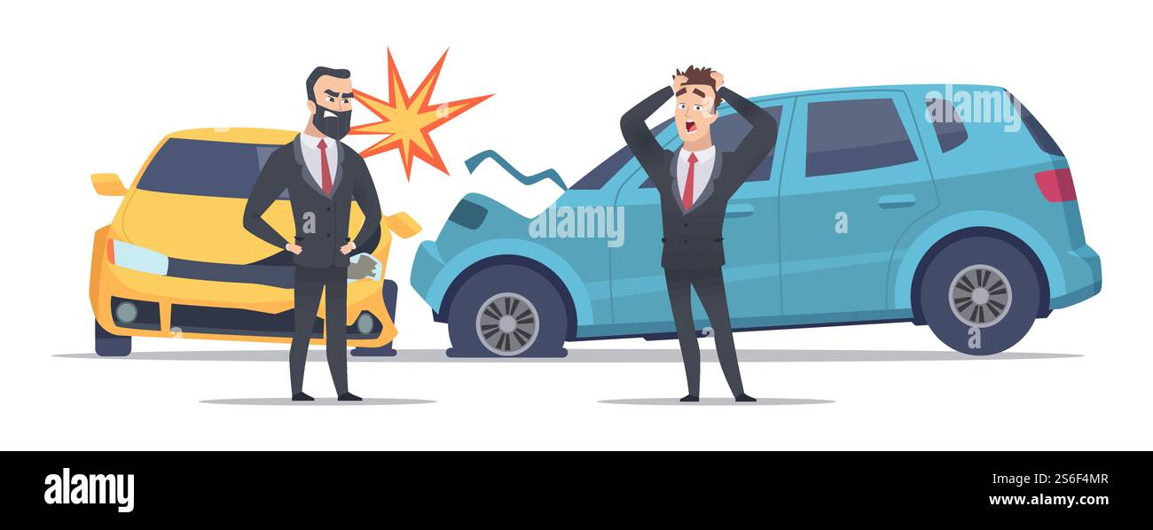 Car accident. Damaged autos angry scared men. Businessmen vector ...
