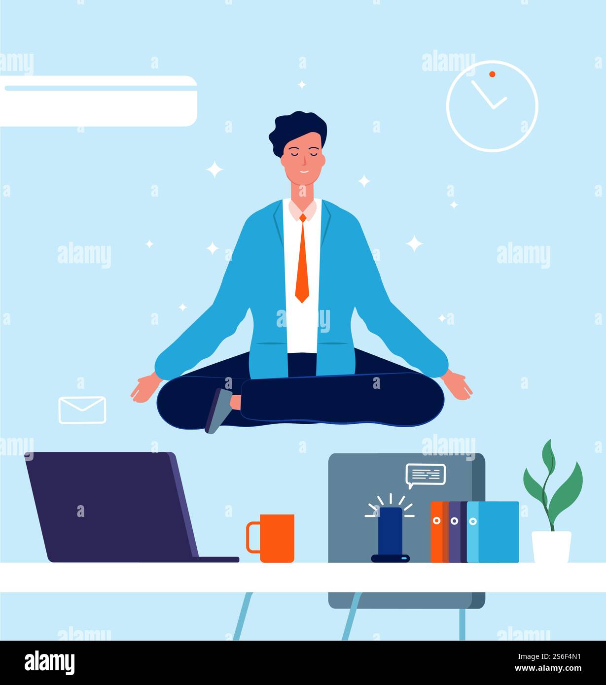 Business character yoga. Manager sitting on office table in lotus pose ...
