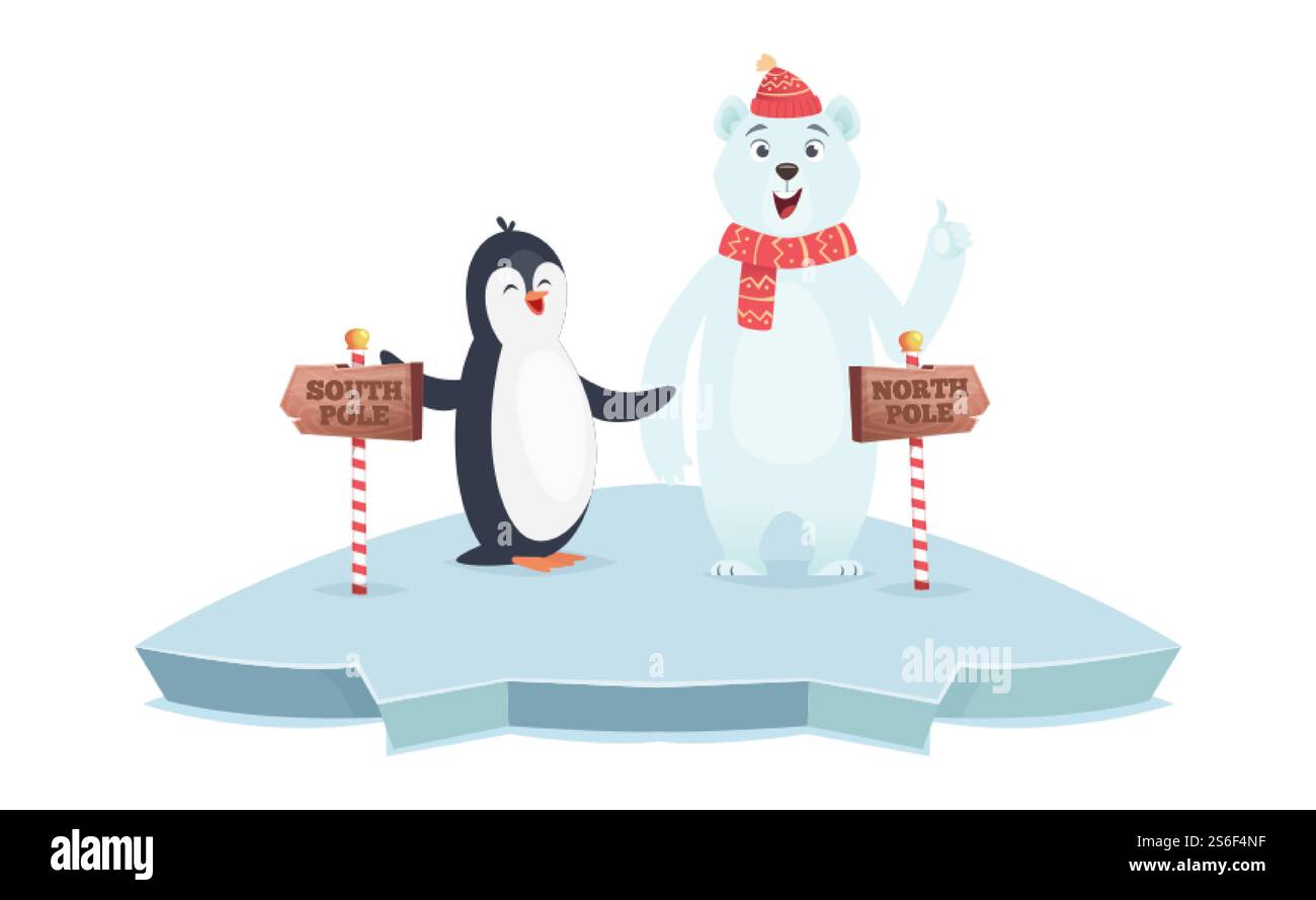 North South pole signs. Polar bear and penguin poles vector ...