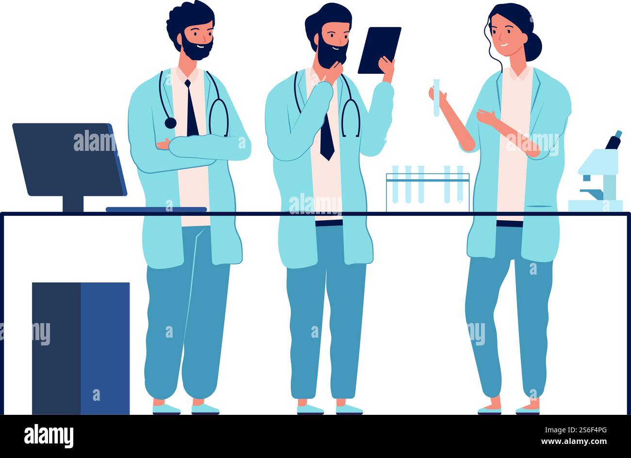 Doctors lab. Scientists characters standing near laboratory table make ...