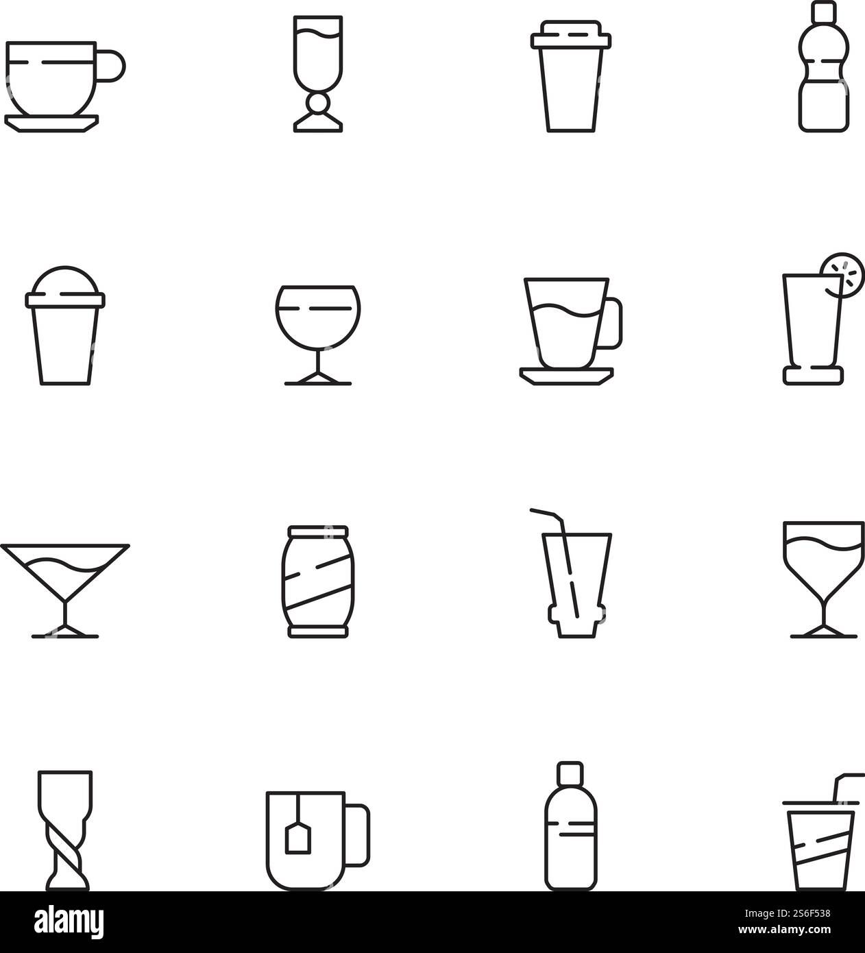 Drinks icon. Tea coffee water cold and hot drinks in cups and glasses ...