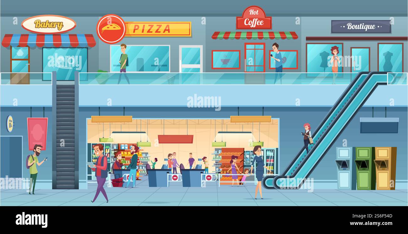 Mall interior. Retailers hypermarket commercial shopping big hall ...