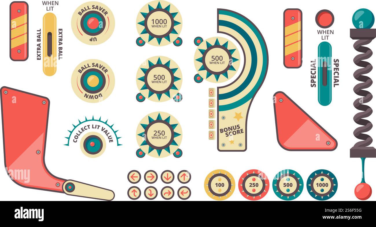 Pinball elements. Buttons coins plunger decorative shadows and forms ...
