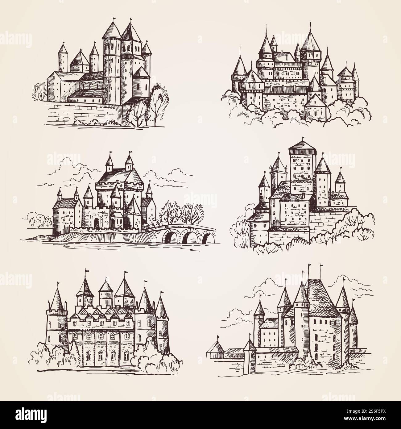 Castles medieval. Old tower buildings vintage architecture ancient gothic castles vector hand ...