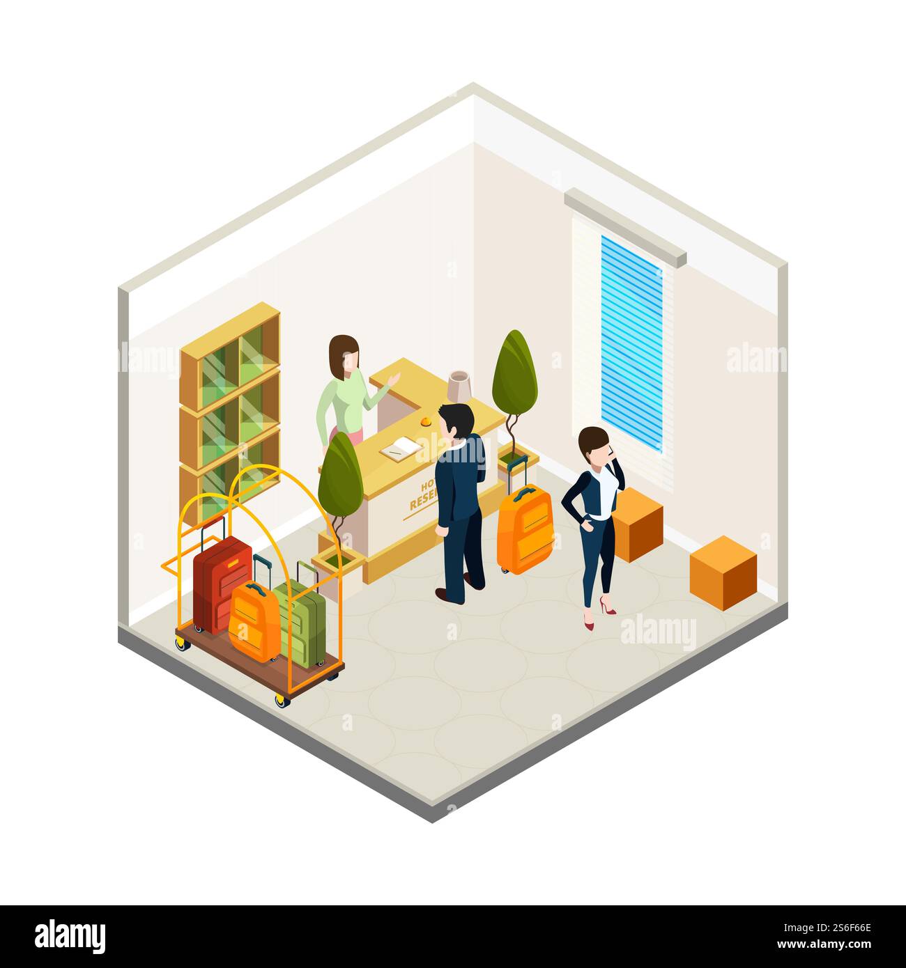 Hotel reception. Isometric hostel receptionist tourists. Hotel info ...