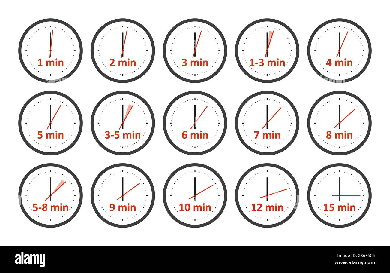 Illustration of a set of clocks showing short time measurement Stock ...