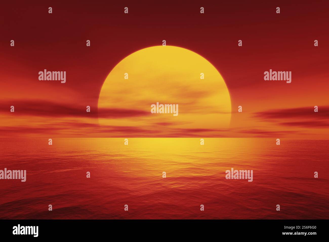 Big red sunset over the ocean 3d illustration Stock Photo - Alamy