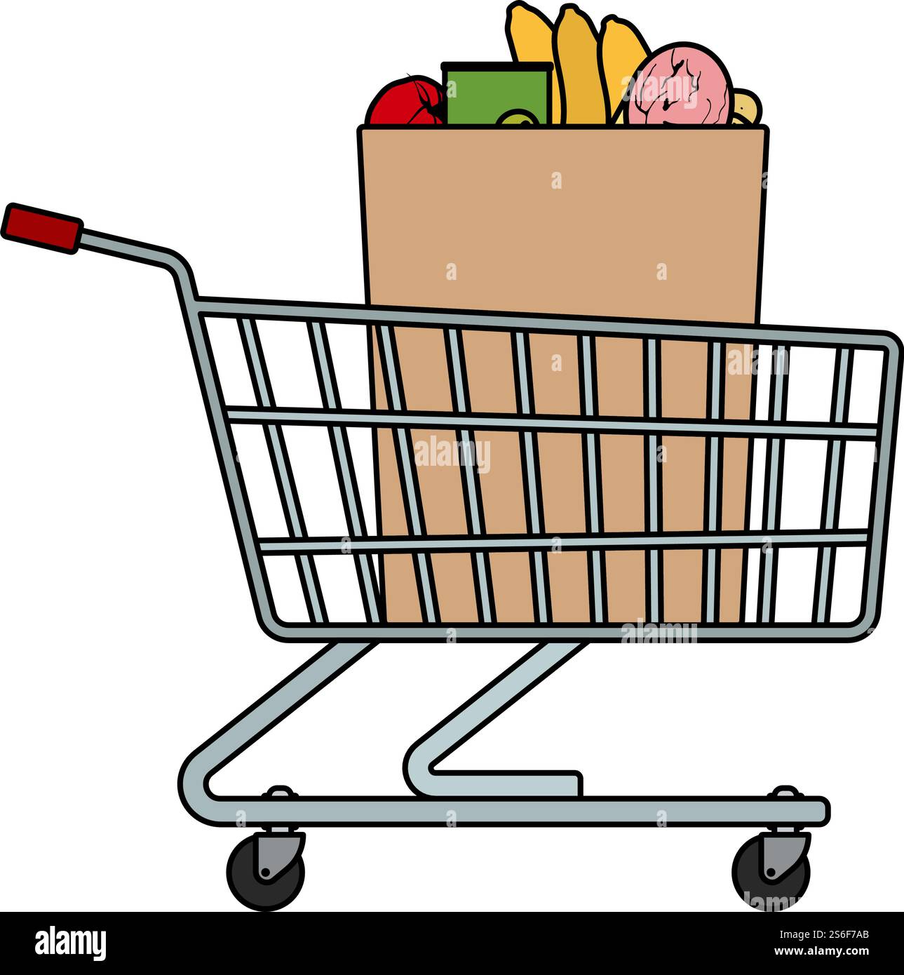 Shopping Cart With Bag Of Food Icon. Editable Outline With Color Fill ...