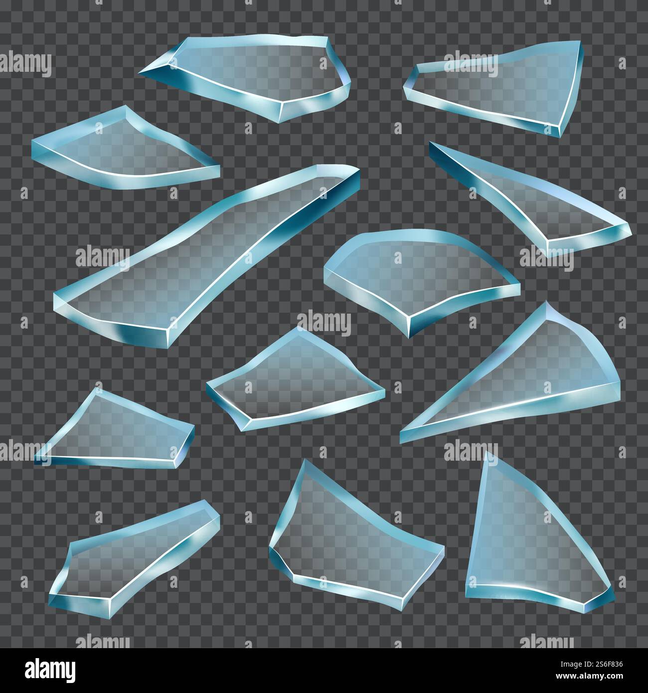 Damaged glass shapes. Shattered mirror or window transparent glasses ...