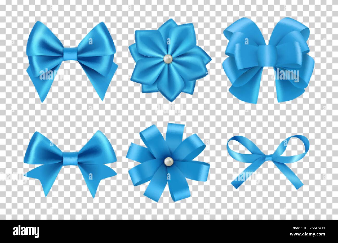 Blue satin bows. Silk ribbon bows vector with pearls isolated on ...