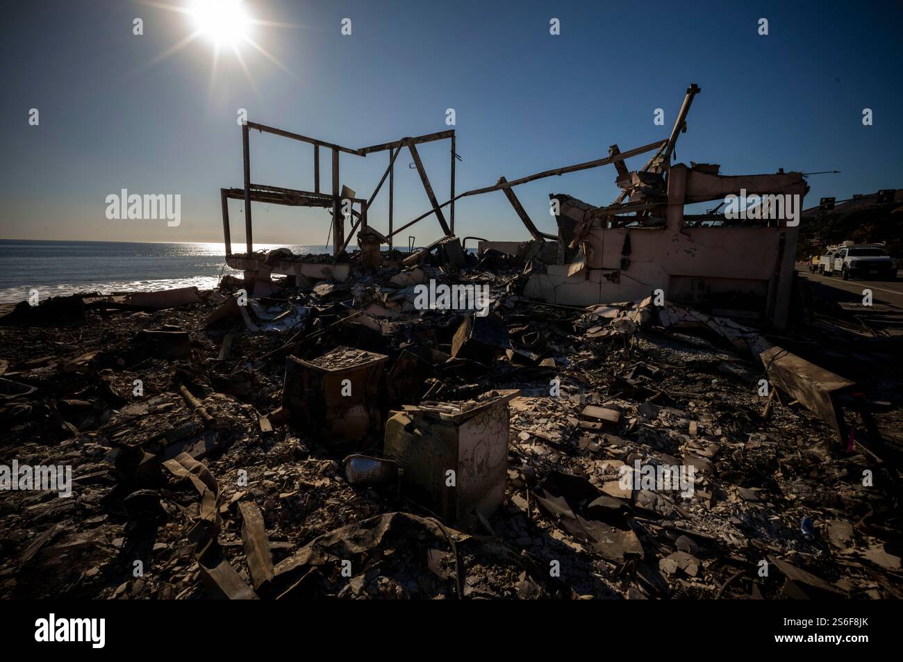 Malibu, California, USA. 15th Jan, 2025. Damaged structures are seen after the Palisades Fire ...