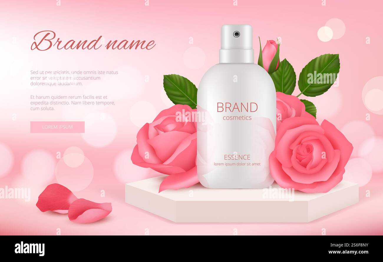 Skin cosmetic ads. Woman cream or perfume bottle with rose pink flowers ...