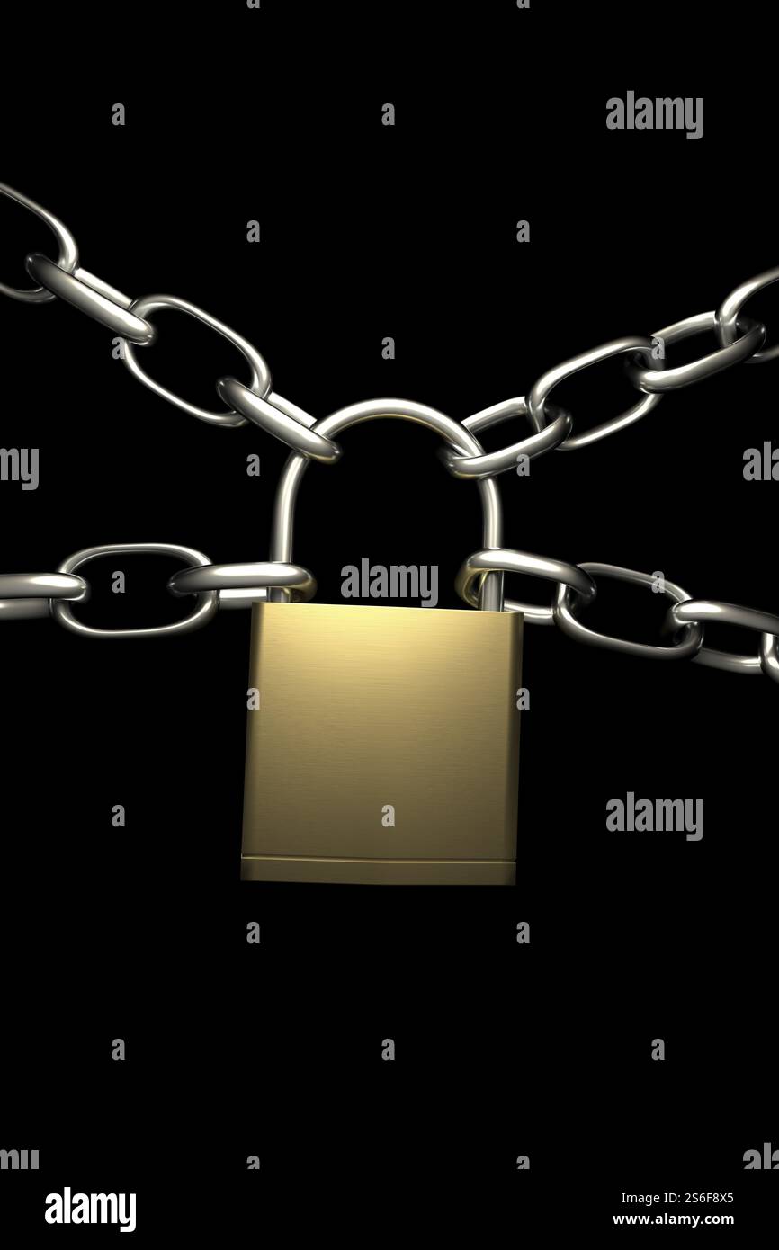 An image of a typical brass lock with four chains Stock Photo - Alamy
