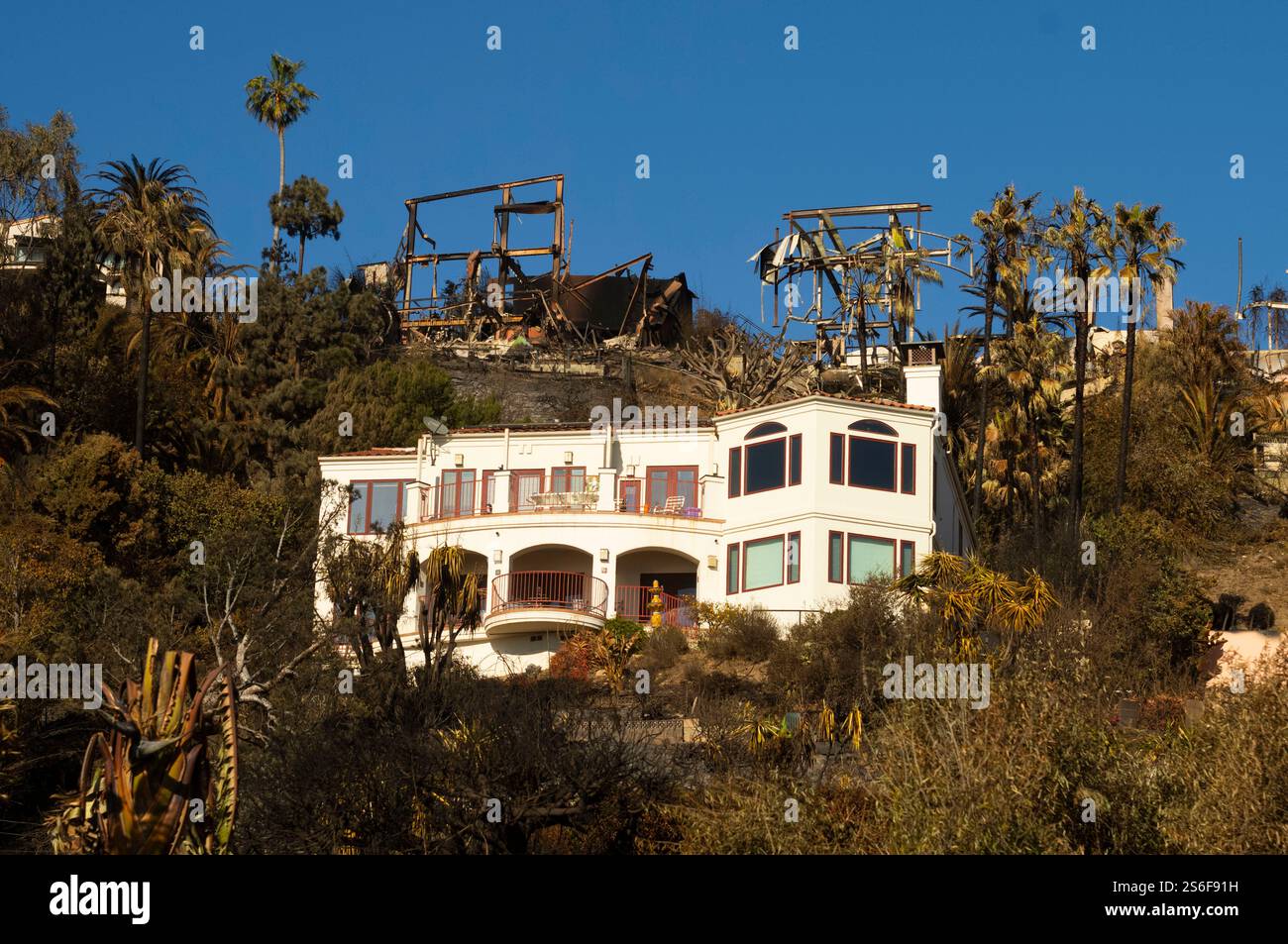 Malibu, California, USA. 15th Jan, 2025. Damaged structures are seen after the Palisades Fire ...