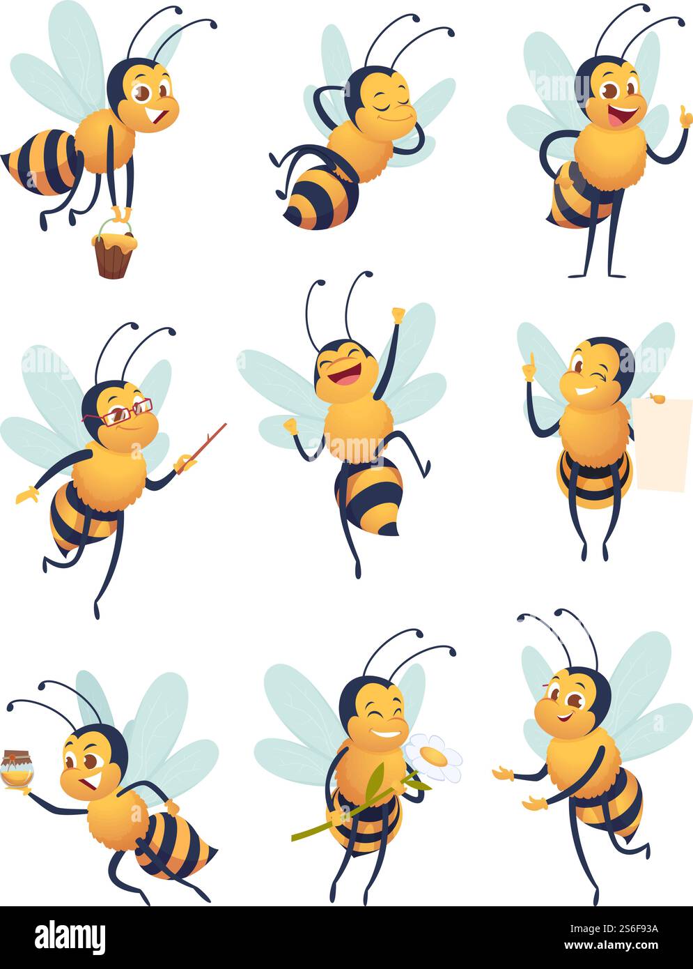Honey bee. Cartoon characters flying nature insect in different poses ...