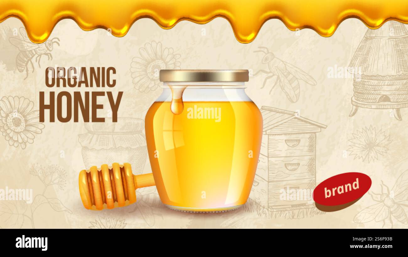 Farm honey. Ad placard template with realistic honey, healthy organic ...