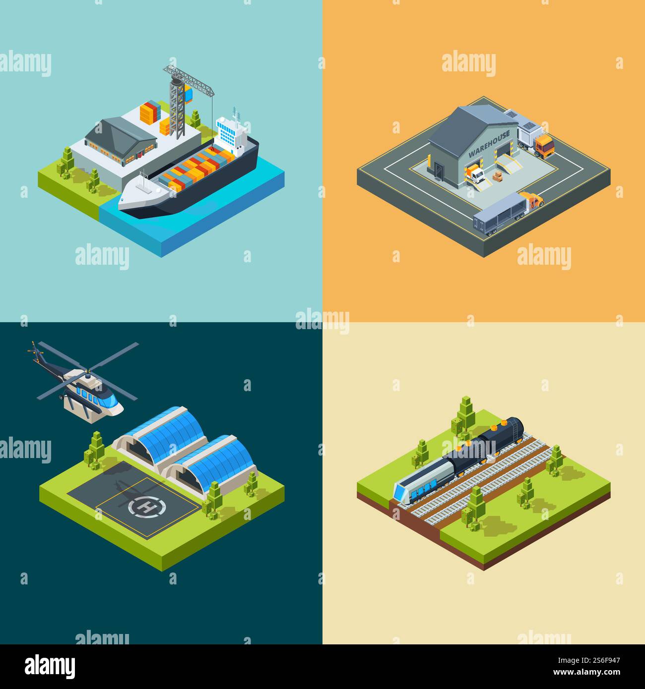 Logistic concept. Cargo transport shipping flying way railway trains ...