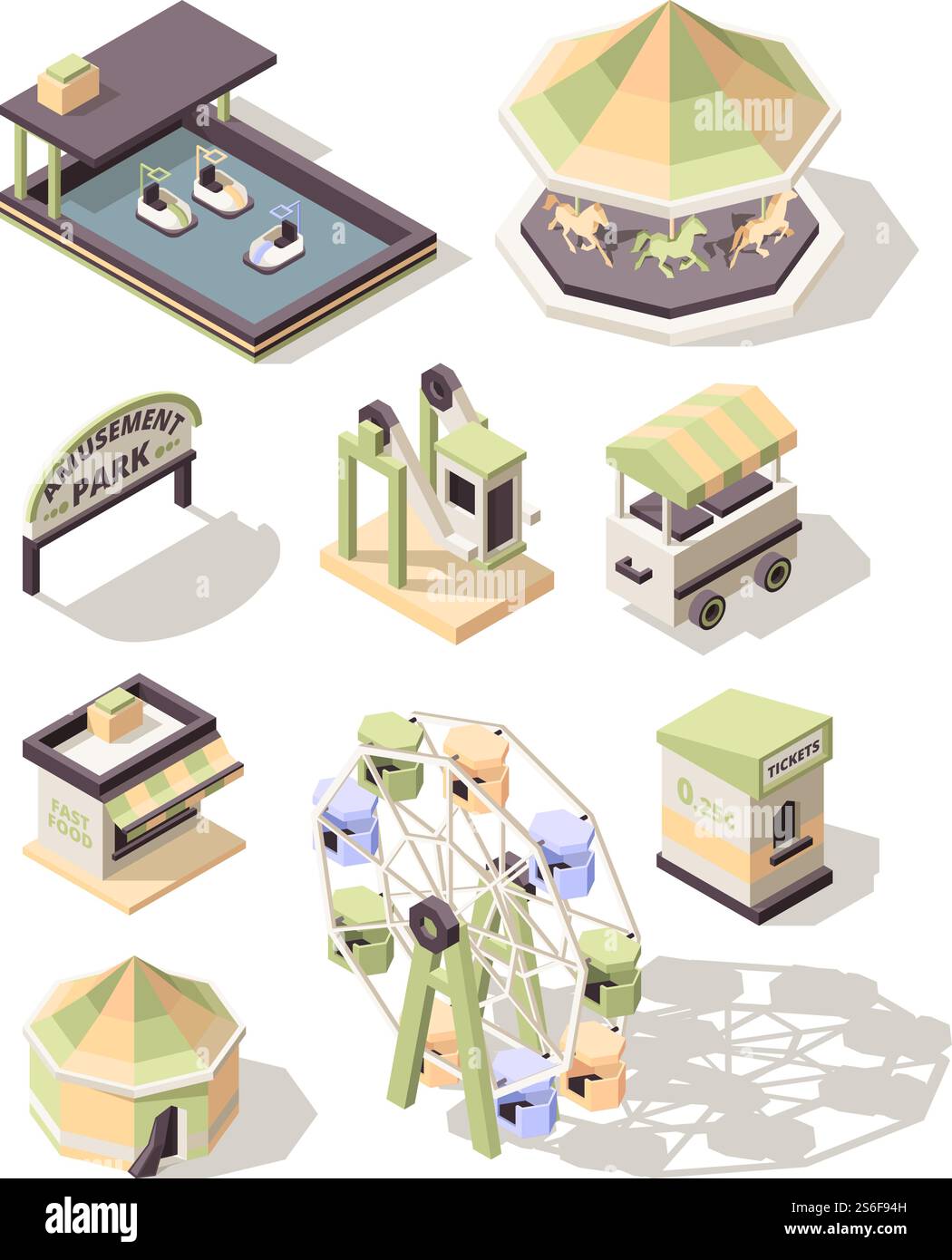 Amusement park. Children carousel swings electro cars wheel ballons ...