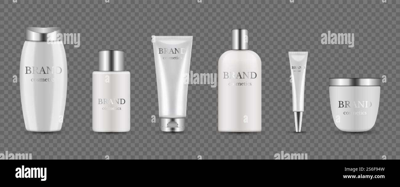 Cosmetic bottles. Realistic silver white packaging for serum, cream ...