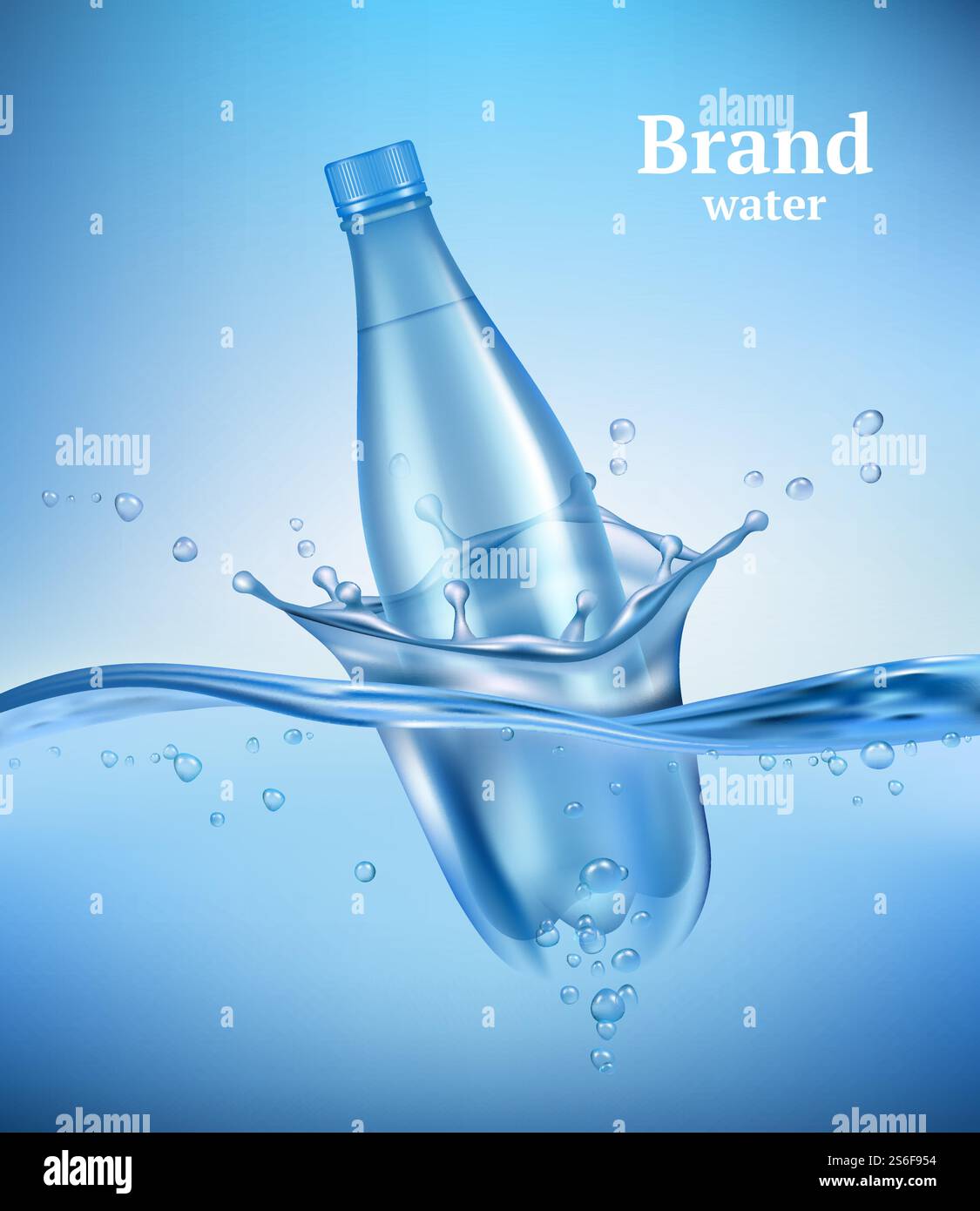 Bottle in water. Liquid flowing wave with transparent bottle splashes ...