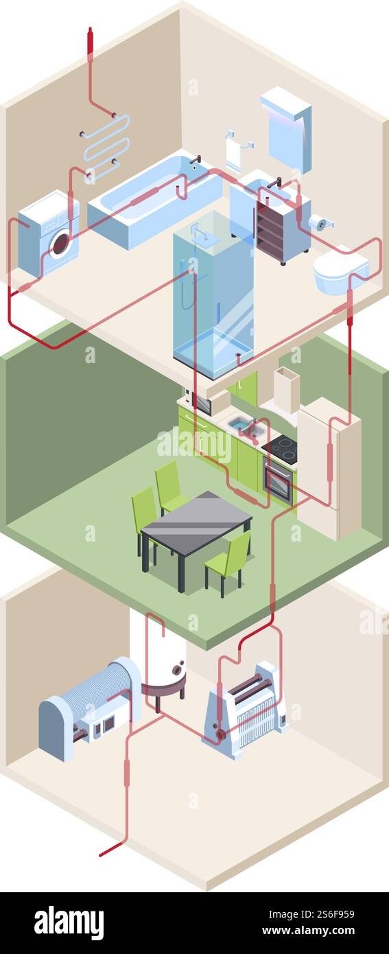 Pipes installation. House crossection with hot and cold water pipes ...