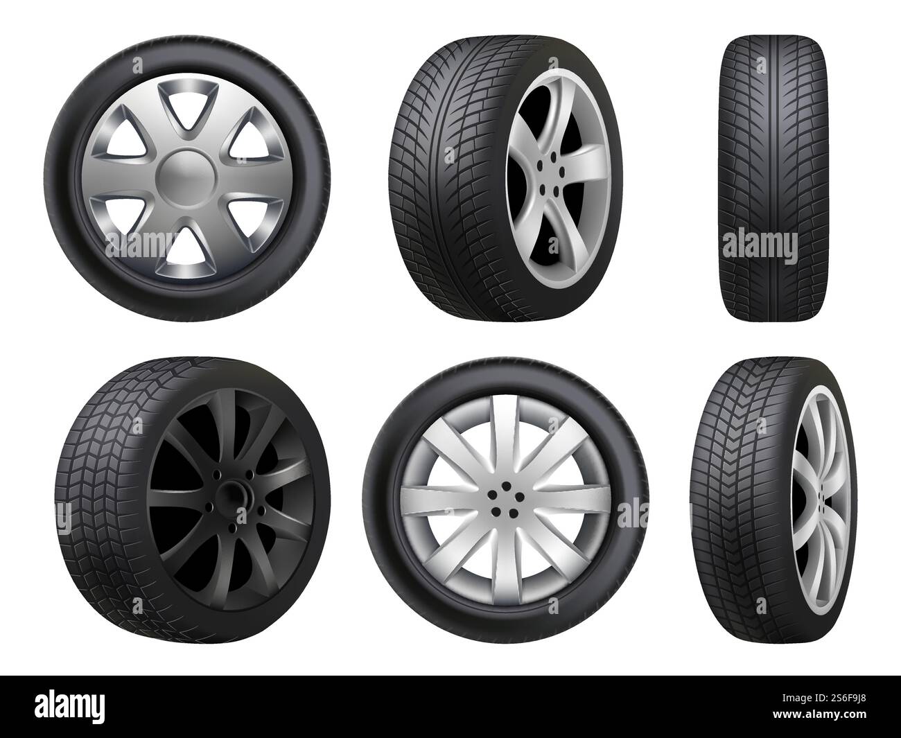 Wheels realistic. Tyres road maintenance vector automobile 3d automobile items collection. Auto ...