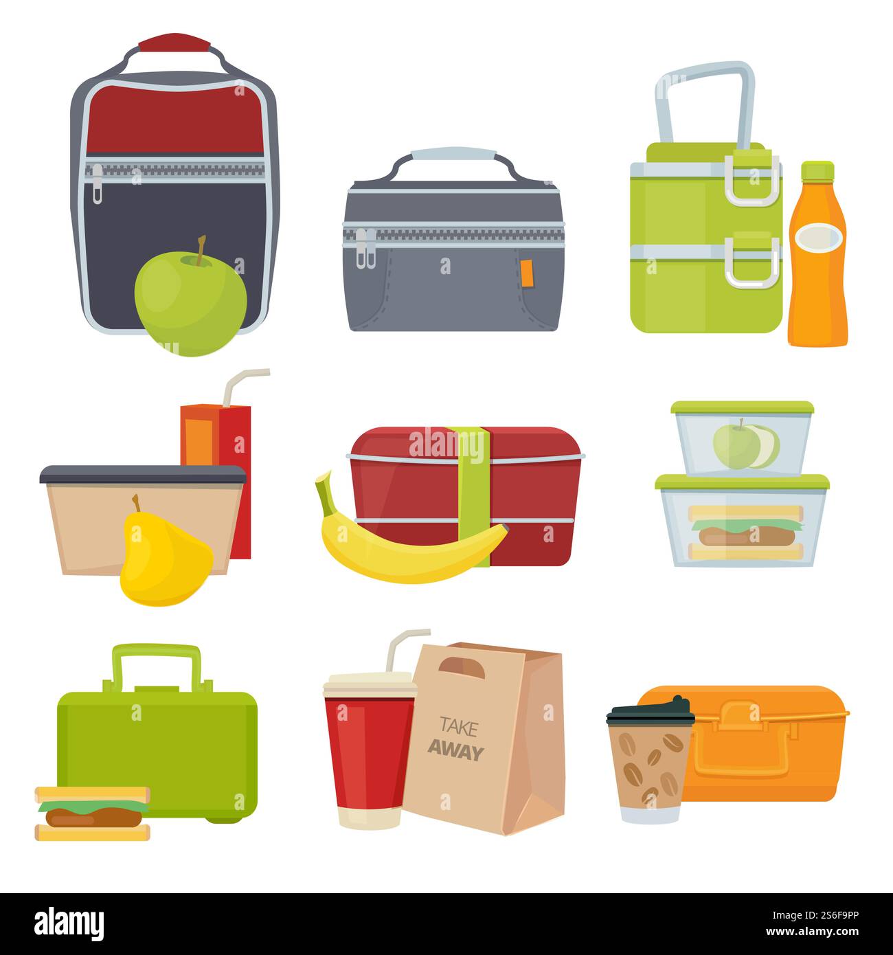 Lunch boxes. School healthy daily food packages bag with fruits salad ...