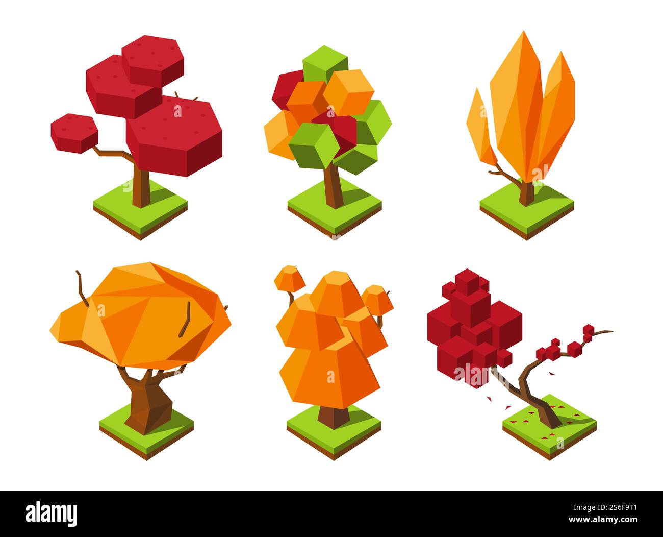 Polygonal isometric autumn tree. Vector low poly trees. 3D fall forest ...