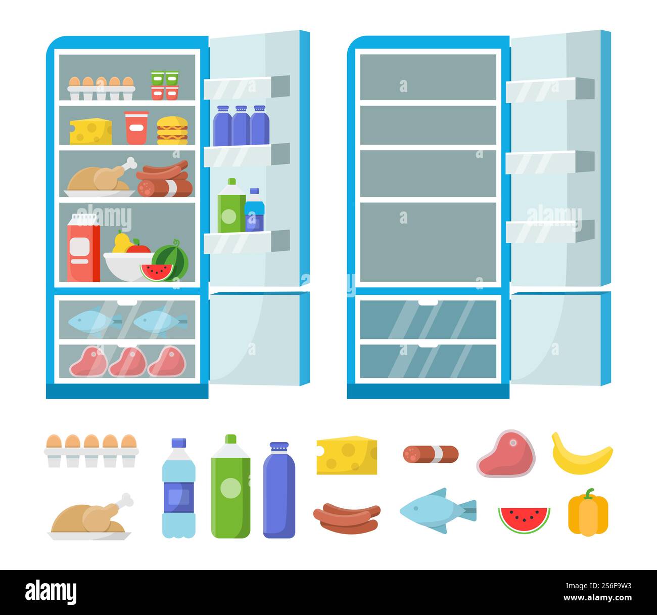 Flat fridge vector. Full and empty refrigerator in the kitchen. Freezer ...