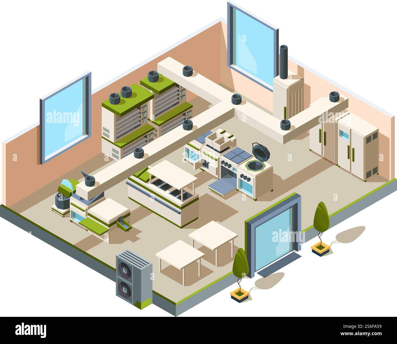 Restaurant kitchen. Cafe interior with furniture equipment for cooking and making food steel ...