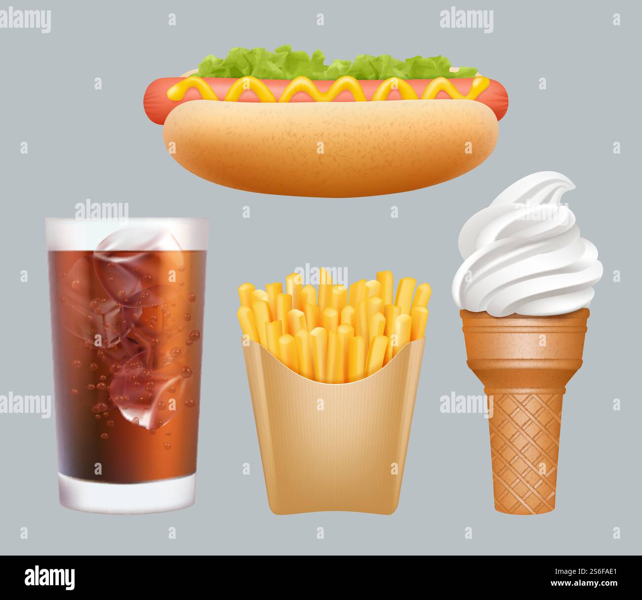 Fast food. Realistic junk food hotdogs cold drink ice cream french ...