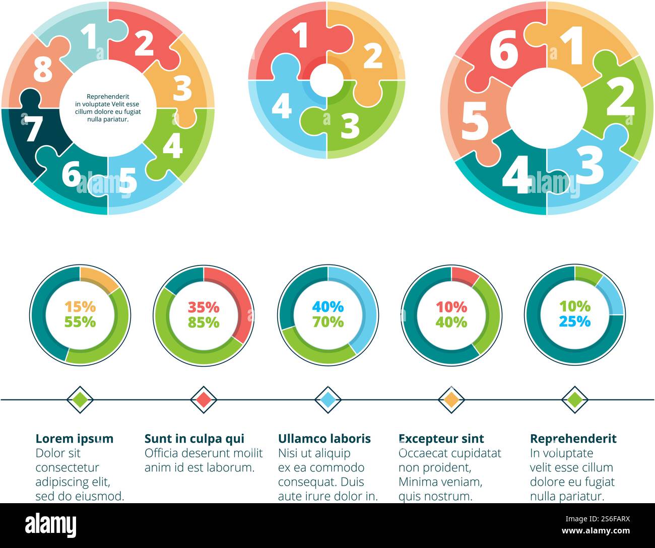 Puzzle infographic. Business success steps idea advertising presentation circle puzzles vector ...